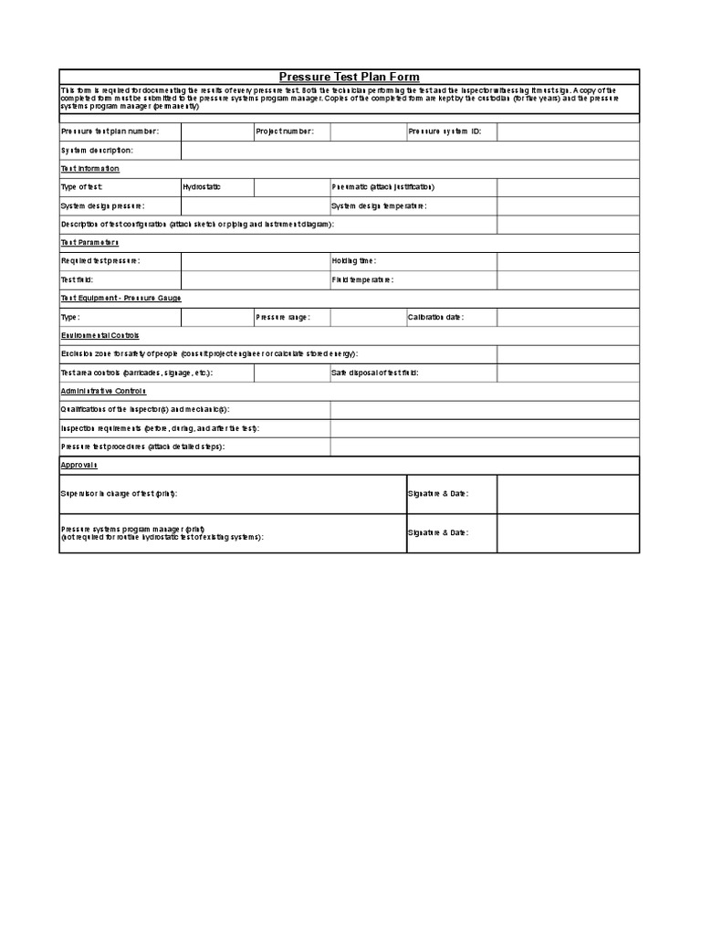 Pressure Test Plan Form | PDF | Pressure | Calibration