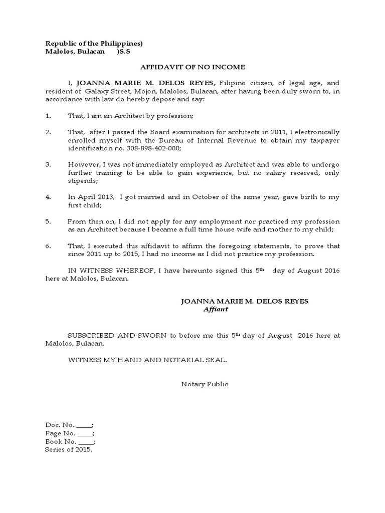 Affidavit: No Income Declaration | PDF