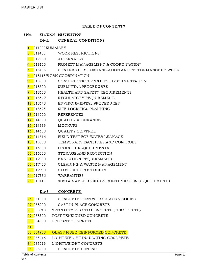 Master Table of Contents | PDF | Wall | Concrete