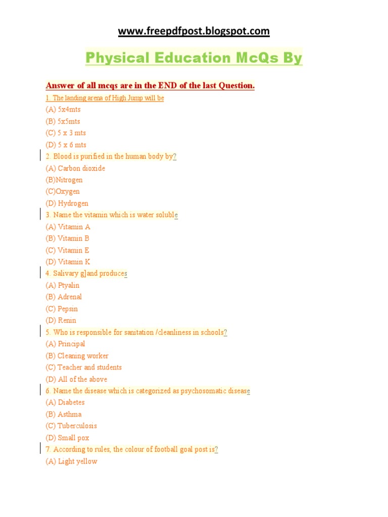 Physical Education MCQs with Answers | PDF | Vitamin D | Vitamin C