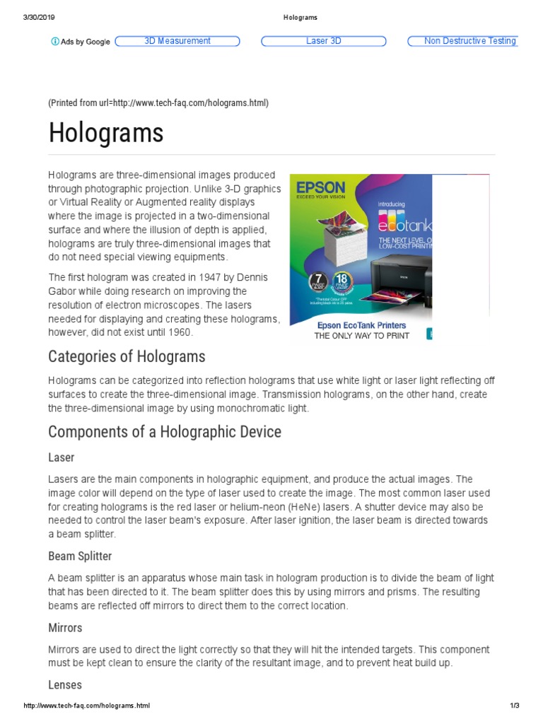 Categories of Holograms | PDF | Holography | Mirror