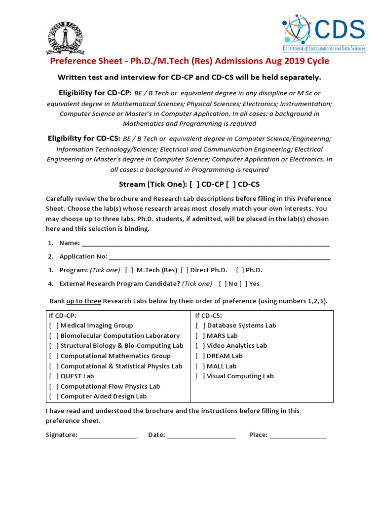 CDS Combined Preference Sheet | PDF | Computer Science | Laboratories