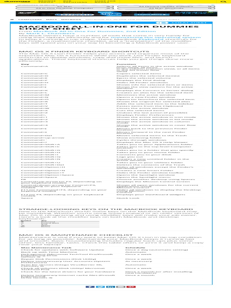 Macbook All-In-One For Dummies Cheat Sheet: Mac Os X Finder Keyboard ...
