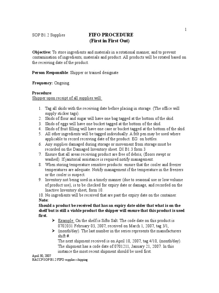 SOP B1.2 FIFO Supplies-shipping | Inventory | Nature