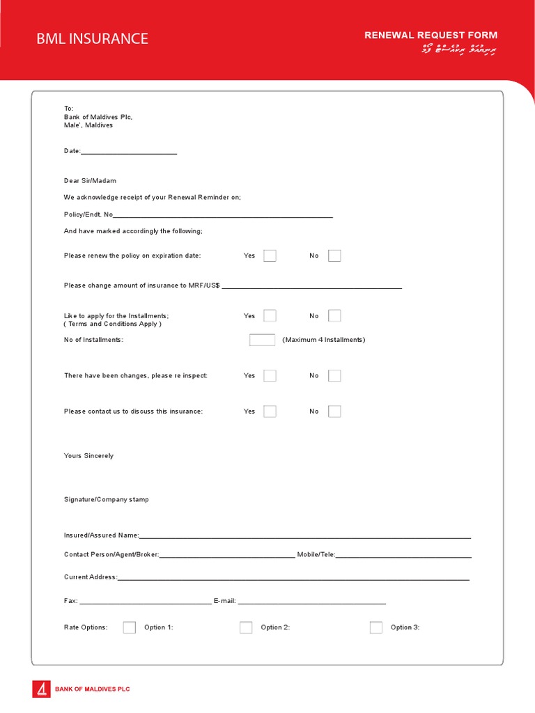 BML Insurance Renewal Request Form | PDF