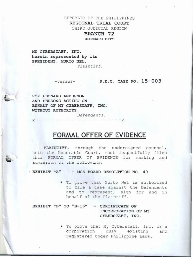 Formal Offer of Evidence: Branch 72 | PDF | Government Information ...