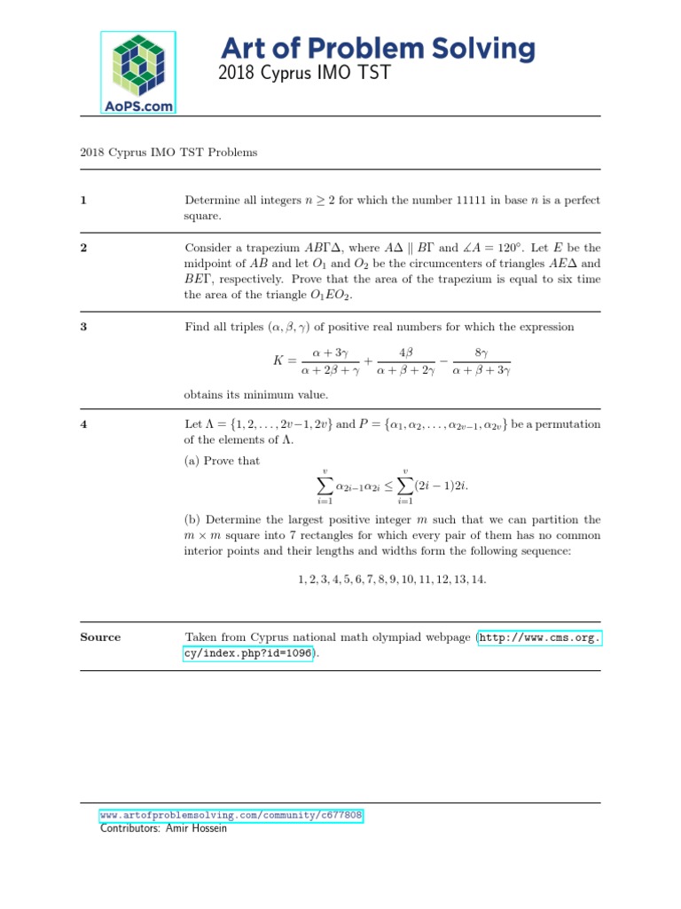 2018 Cyprus IMO TST Problems PDF | PDF
