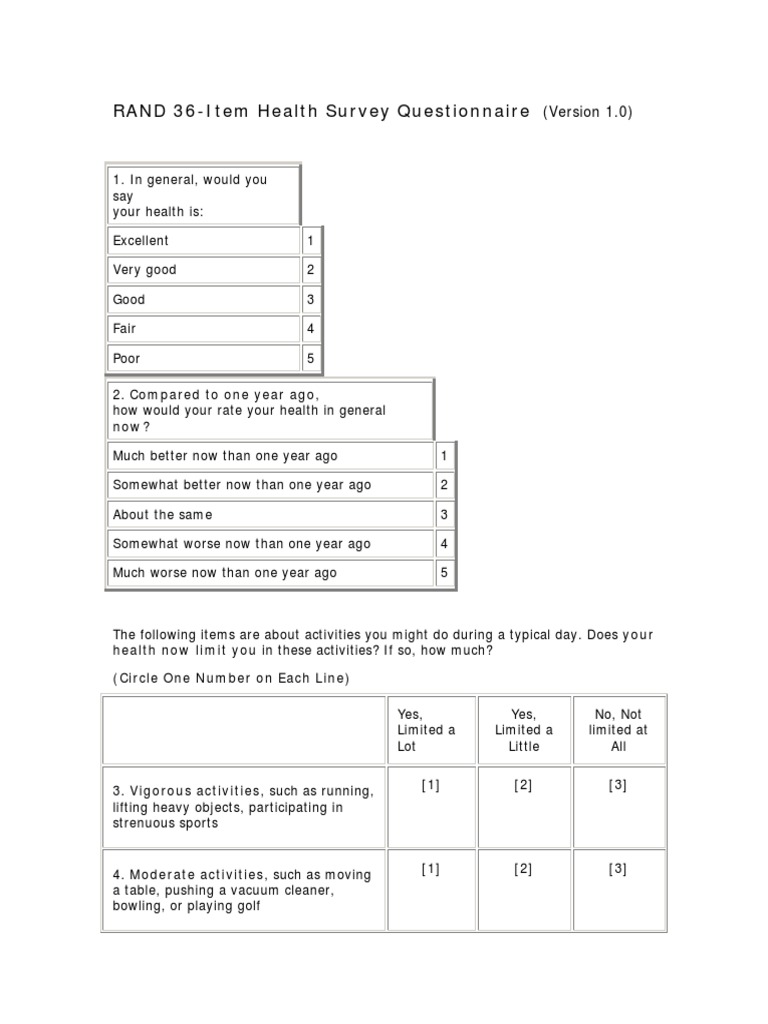 RAND 36-Item Health Survey Questionnaire: (Version 1.0) | PDF | Feeling ...