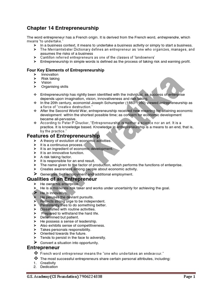 Chapter 14 Entrepreneurship: Four Key Elements of Entrepreneurship ...