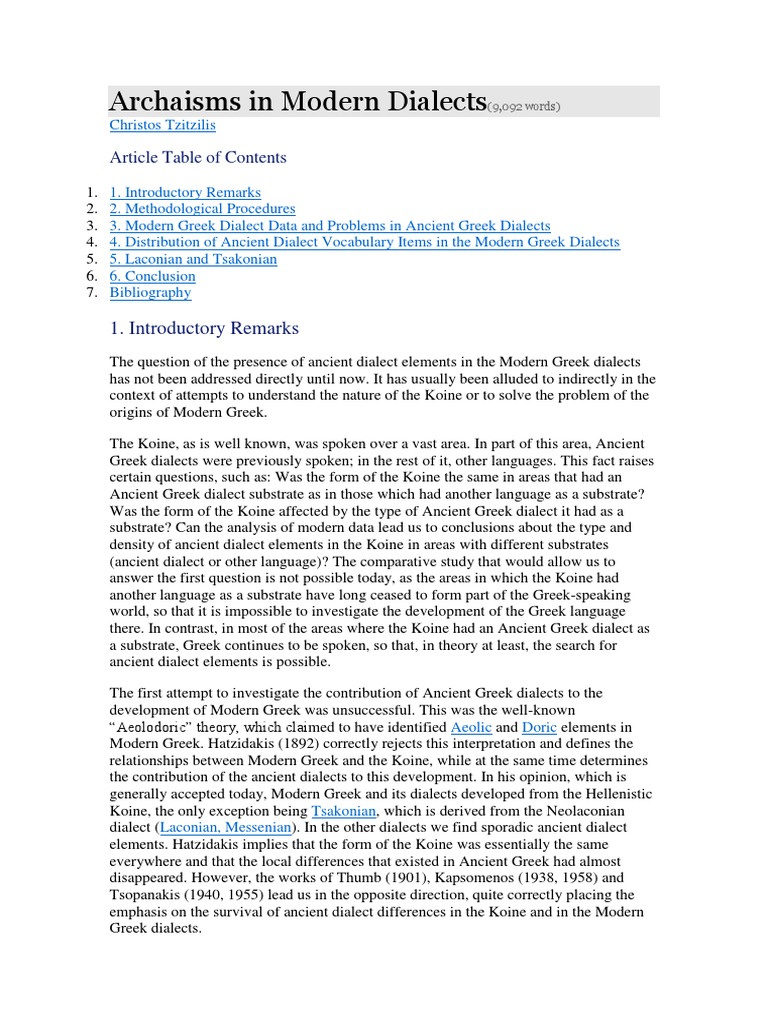 Archaisms in Modern Dialects: 1. Introductory Remarks | PDF | Koine ...