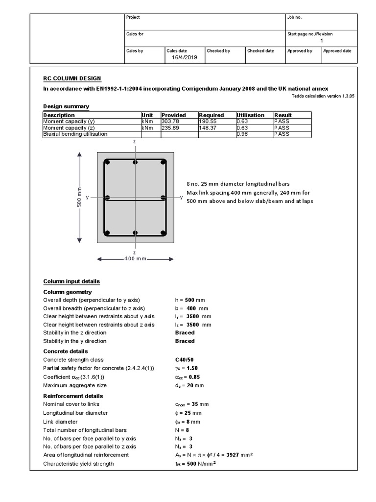 8 No. 25 MM Diameter Longitudinal Bars Max Link Spacing 400 MM ...