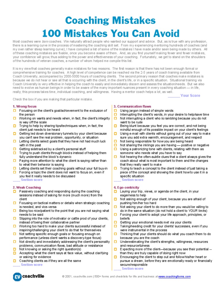 COACHVILLE - 101 Coaching Mistakes To Avoid (List) | PDF | Mentorship ...