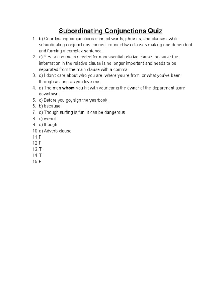 Subordinating Conjunctions (Quiz - Answers) PDF | PDF