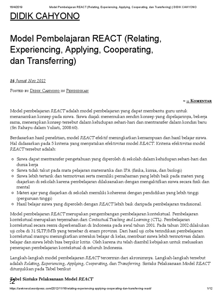 Model Pembelajaran REACT (Relating, Experiencing, Applying, Cooperating, Dan Transferring ...