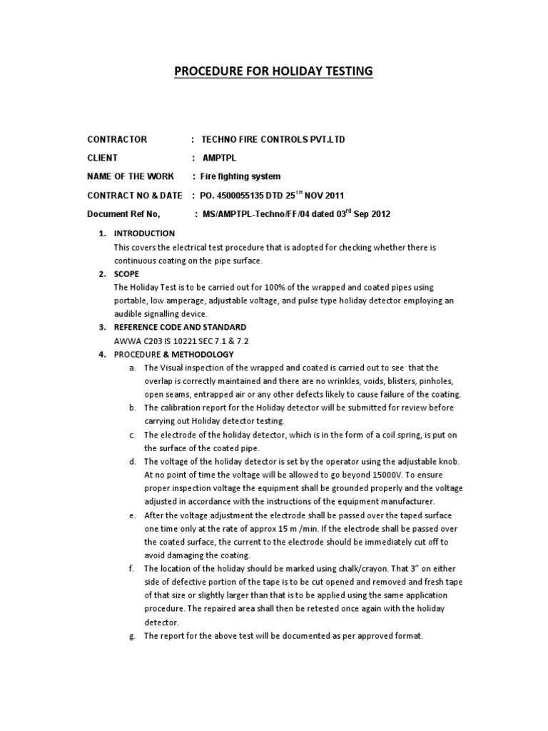 Procedure for Conducting Holiday Testing on Fire Fighting Pipes to ...