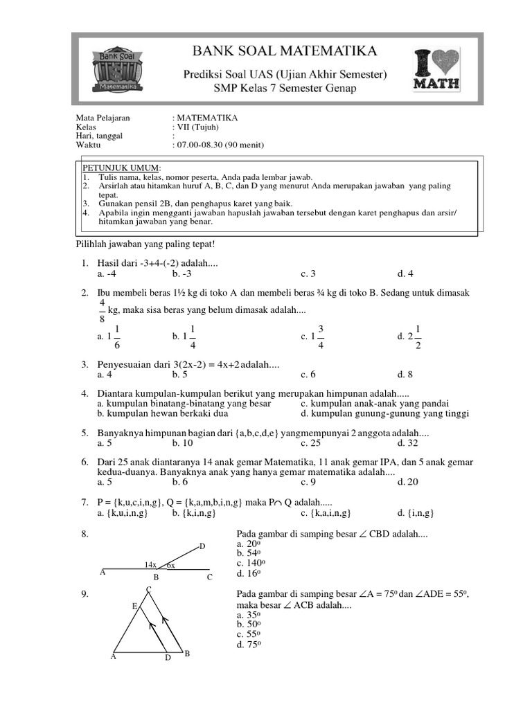 Soal UAS Matematika Kelas 7 Semester 2 | PDF