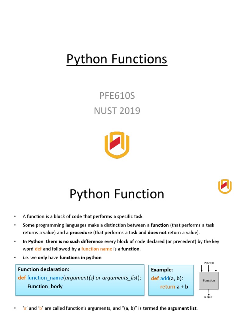 Python Functions Pfe610s Nust 2019 Pdf Anonymous Function Parameter Computer Programming