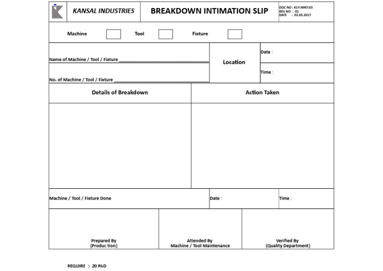 Breakdown Intimation Slip | PDF | Economic Sectors | Engineering