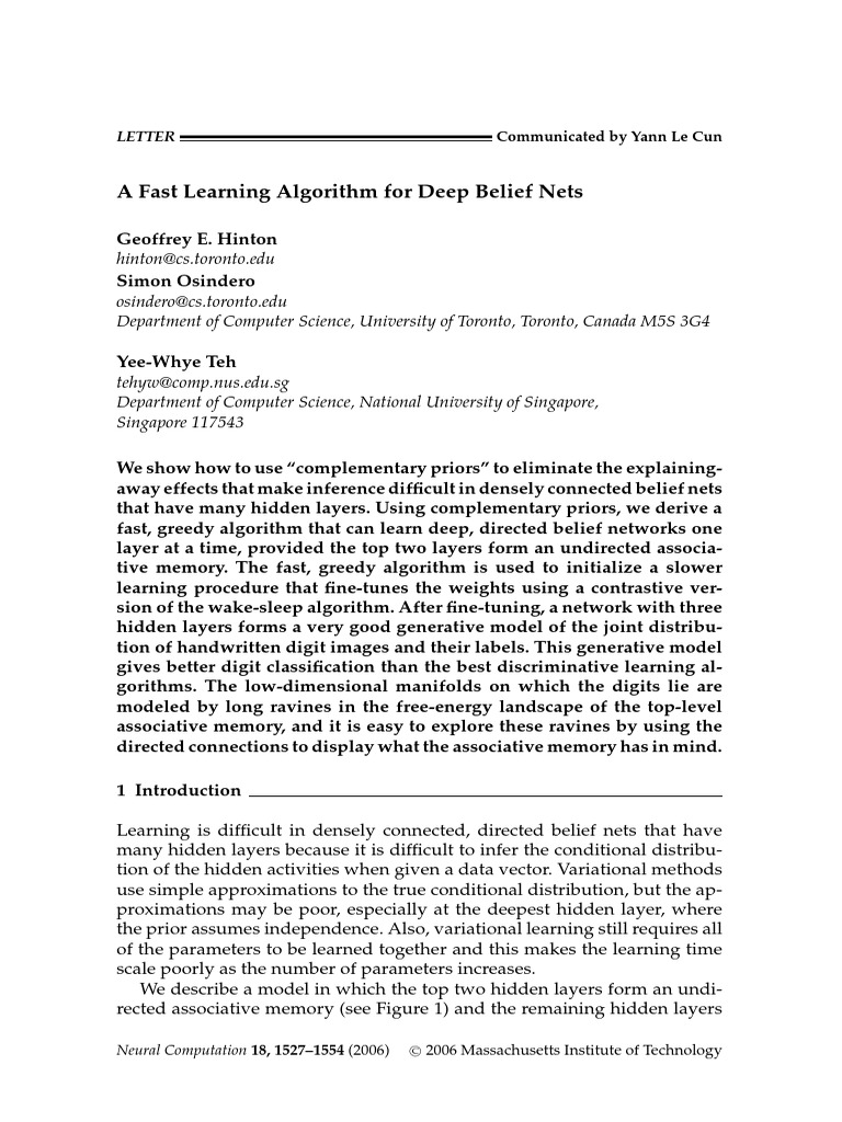 A Fast Learning Algorithm For Deep Belief Nets PDF | PDF | Artificial Neural Network | Machine ...