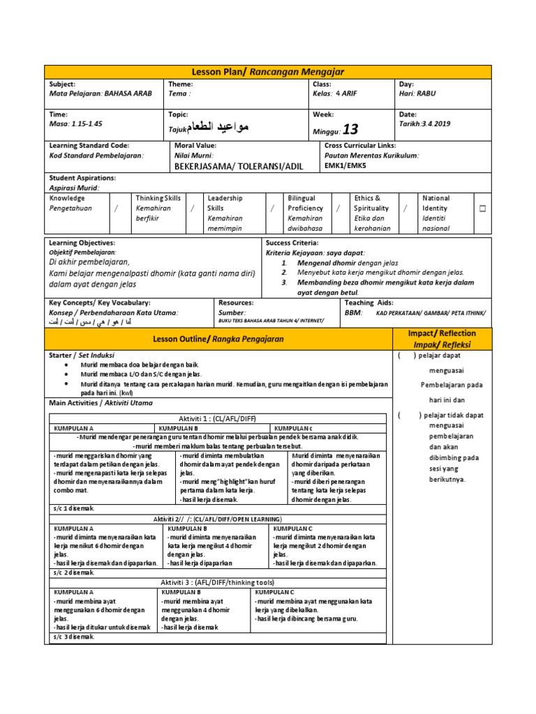 Contoh Lesson Plan Bahasa Arab | PDF