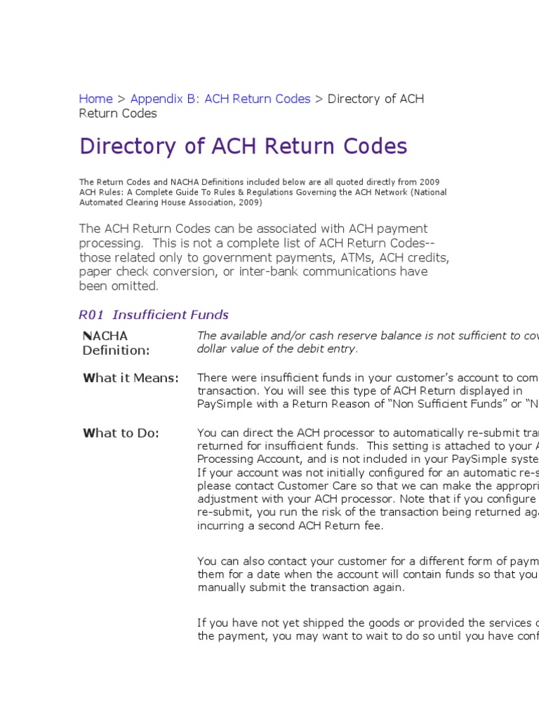 Directory of ACH Return Codes | PDF | Financial Transaction | Debit Card