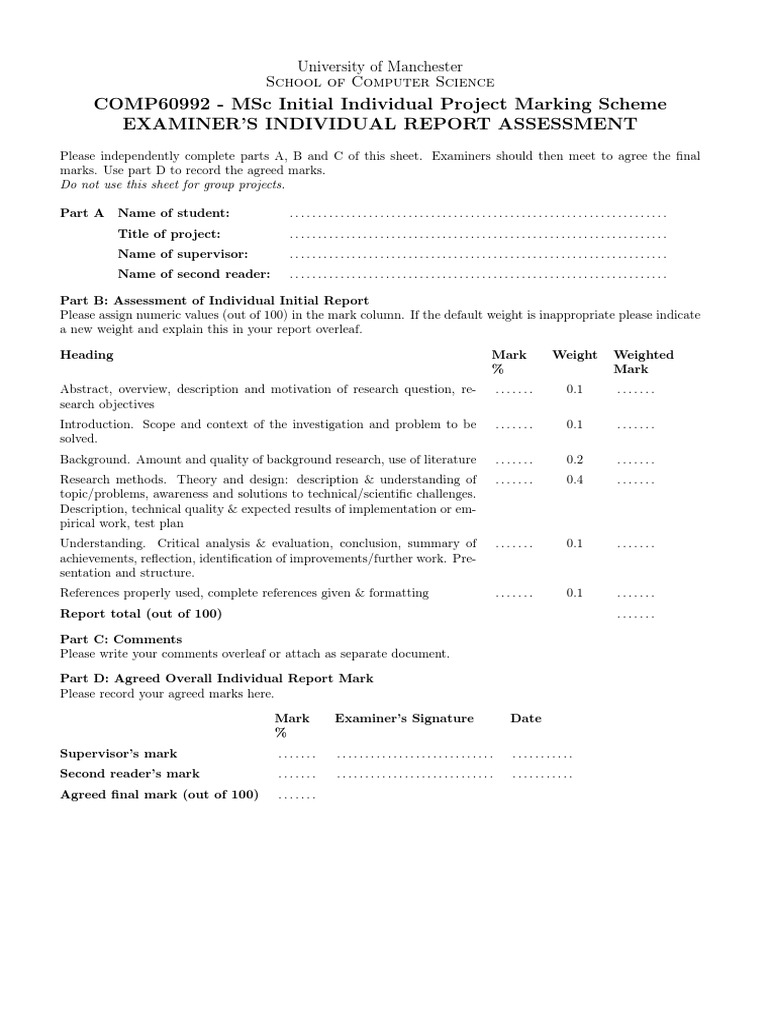 Comp60992 - MSC Initial Individual Project Marking Scheme Examiner'S ...