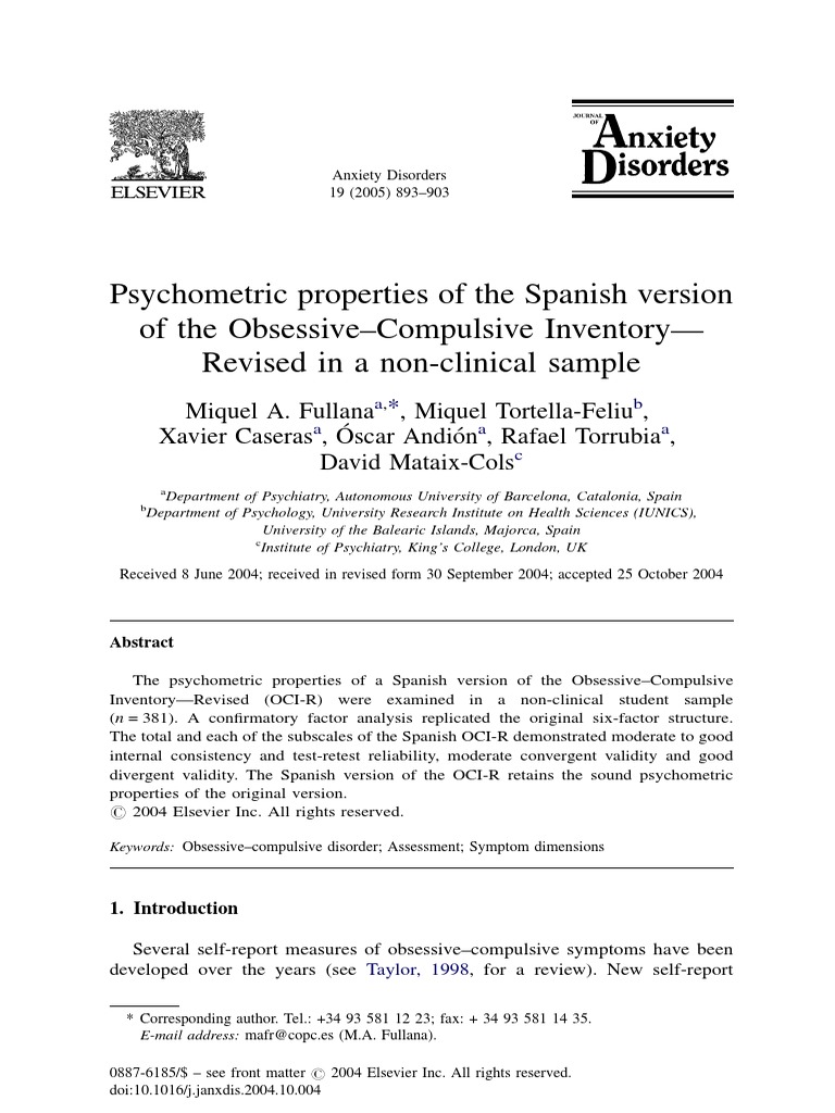 Psychometric Properties of The Spanish Version of The Obsessive ...