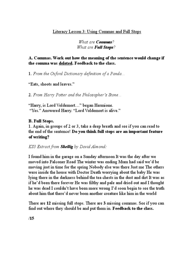 3 Commas & Full Stops Worksheet | PDF