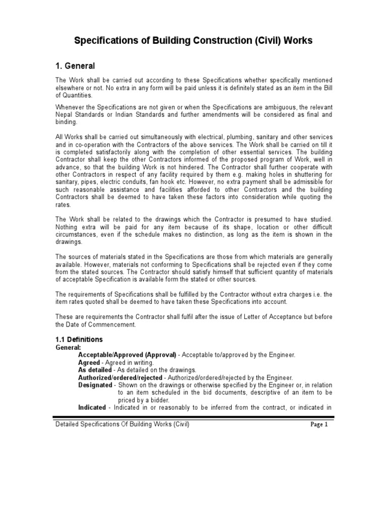 Specifications of Building Construction (Civil) Works: 1. General | PDF ...