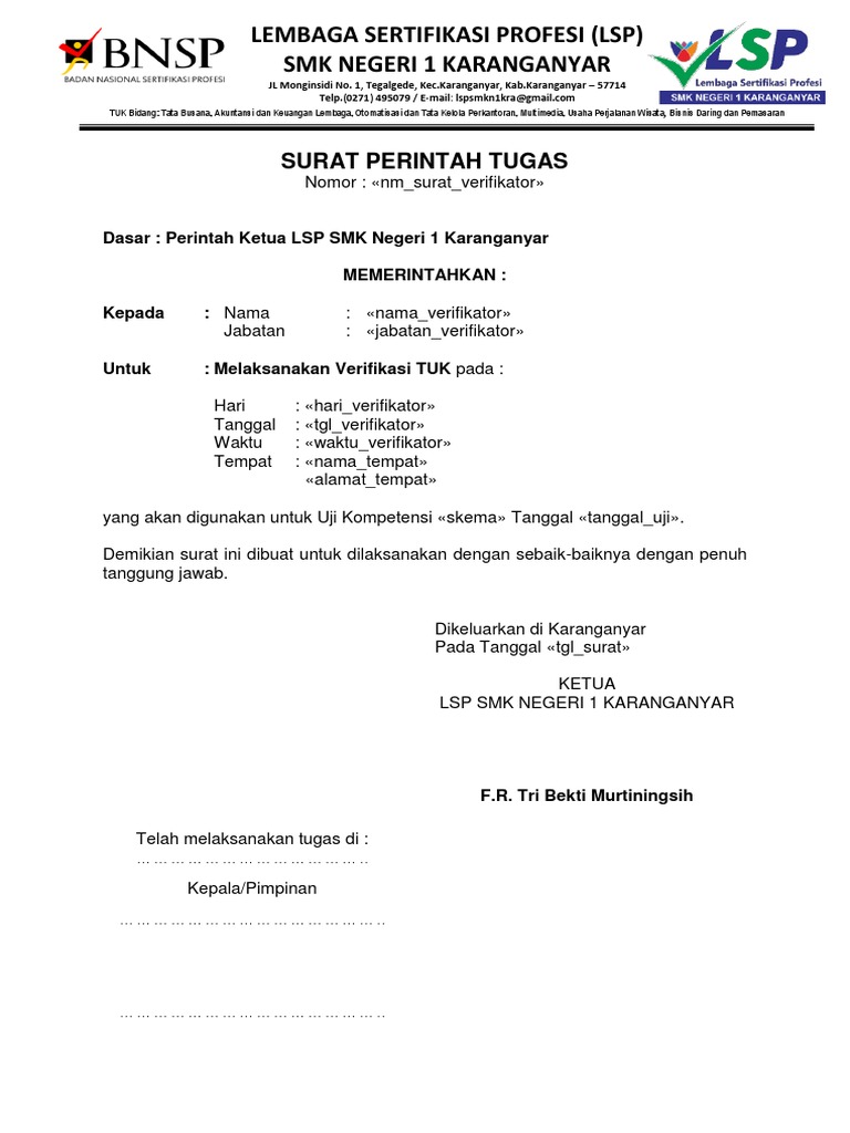 Surat Tugas Verifikasi TUK | PDF
