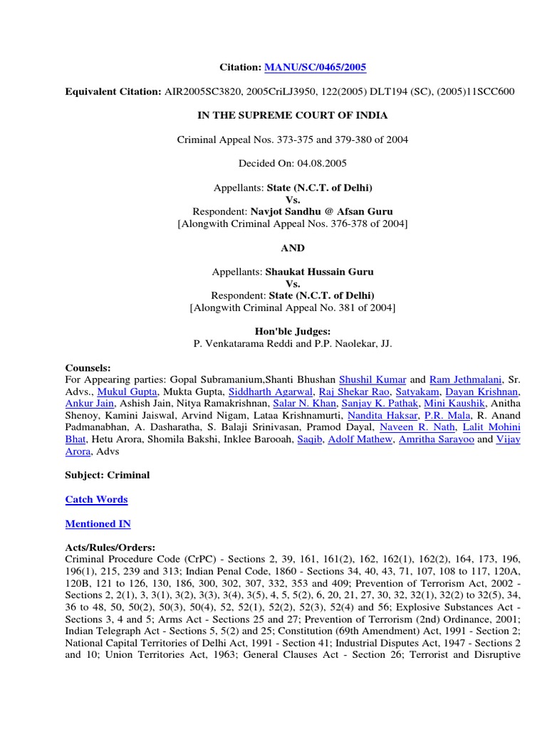NCT Delhi vs. Navjot Sandhu Case Summary | PDF | Government Of India ...