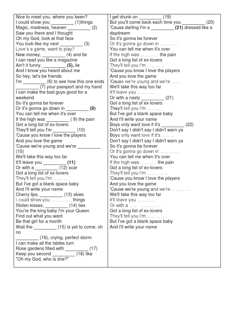 Blank Space - Fill in The Blank | PDF