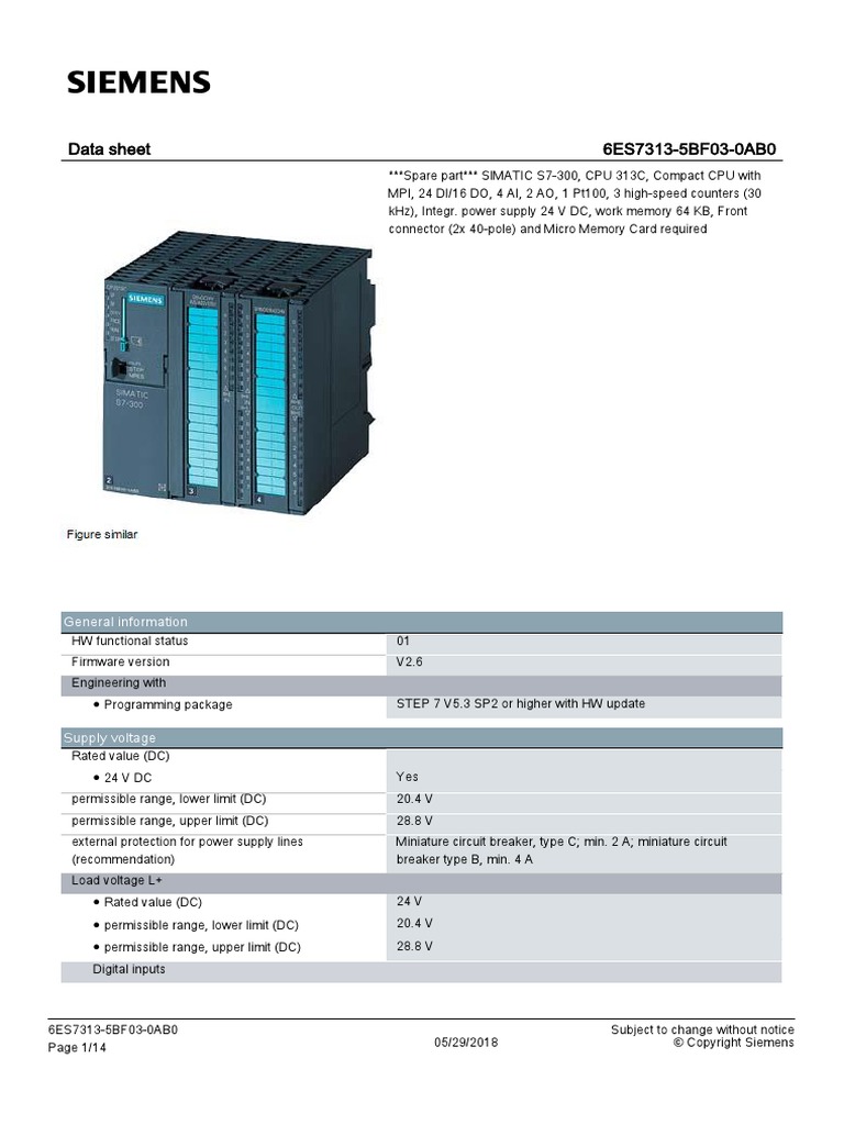 Data Sheet 6ES7313-5BF03-0AB0: General Information | PDF | Electrical ...
