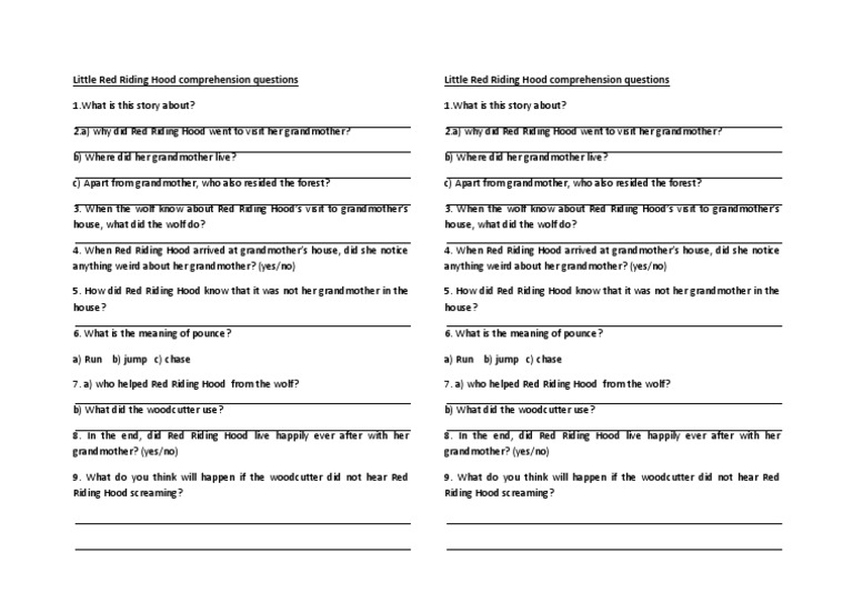 Little Red Riding Hood Comprehension Questions | PDF