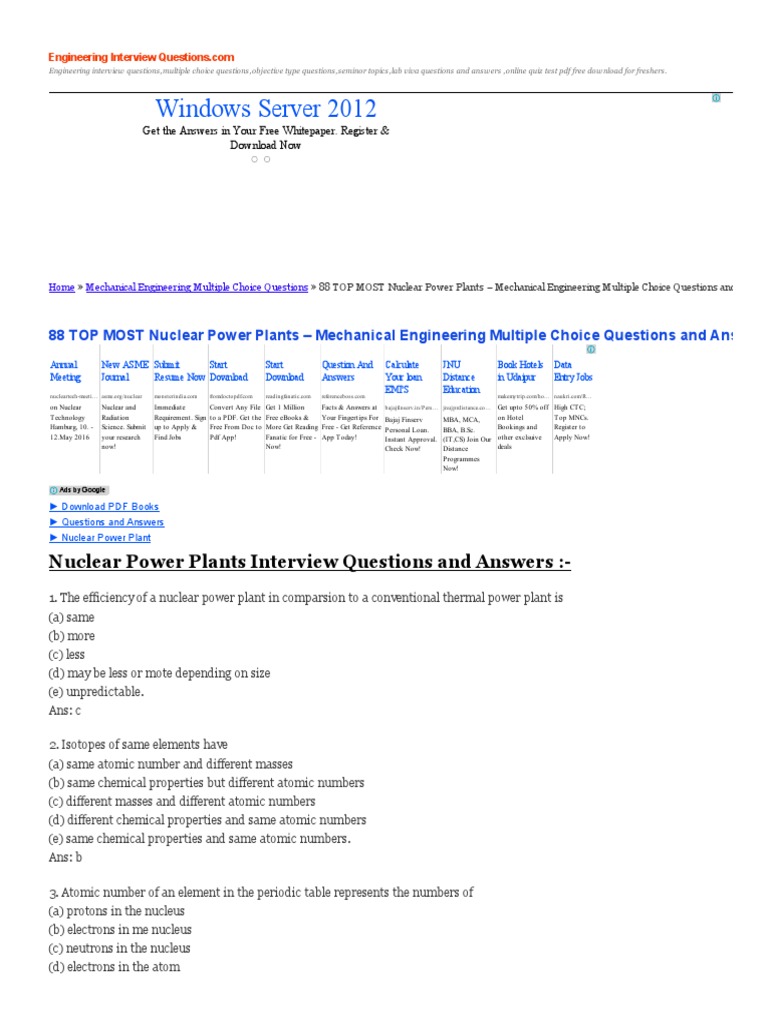 Nuclear Power Plants - Mechanical Engineering Multiple Choice Questions ...