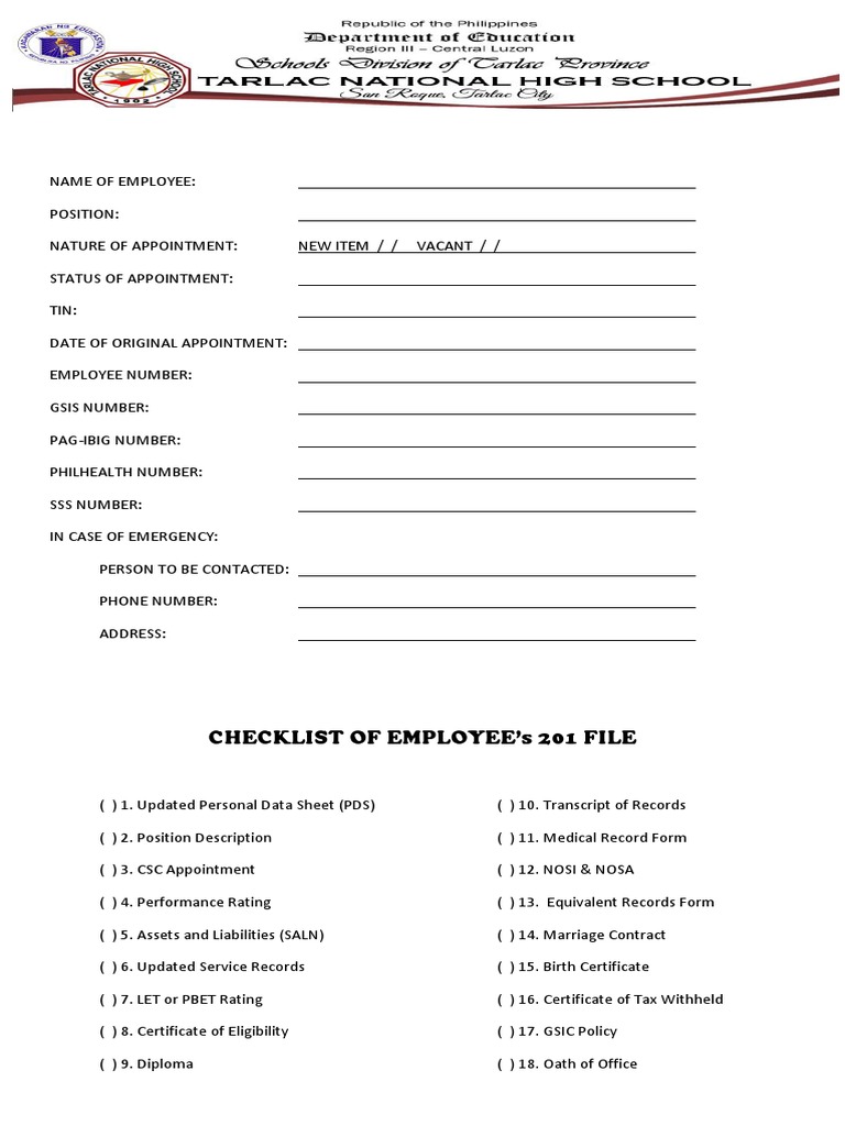 Checklist of Employee'S 201 File | PDF