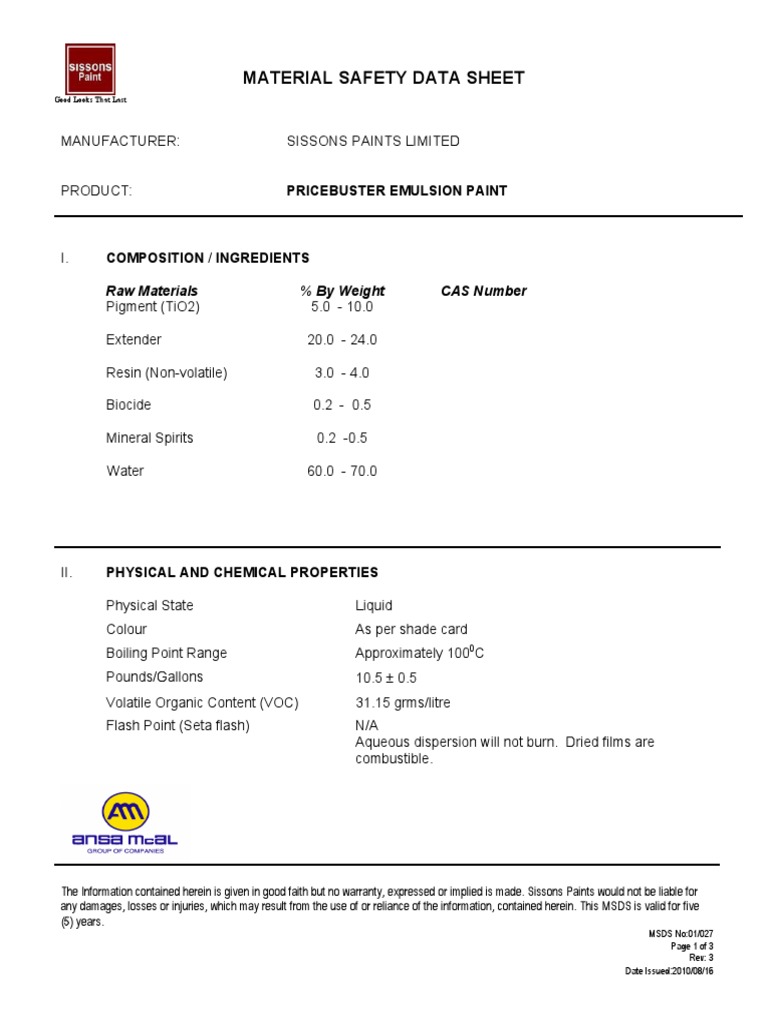 MSDS Pricebuster Emulsion Paint | PDF | Paint | Water