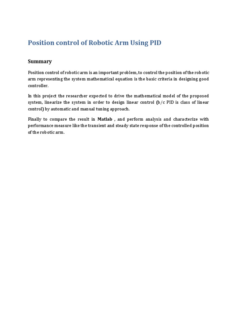 Position Control of Robotic Arm Using PID | PDF