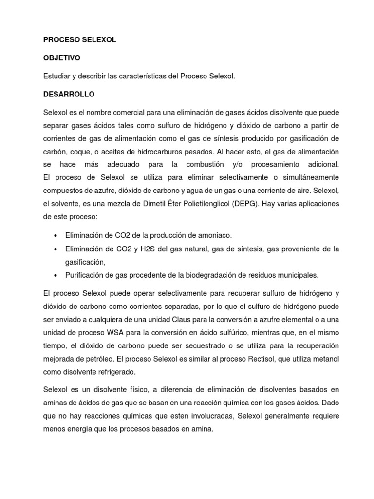 Proceso Selexol | PDF | Dióxido de carbono | Hidrógeno