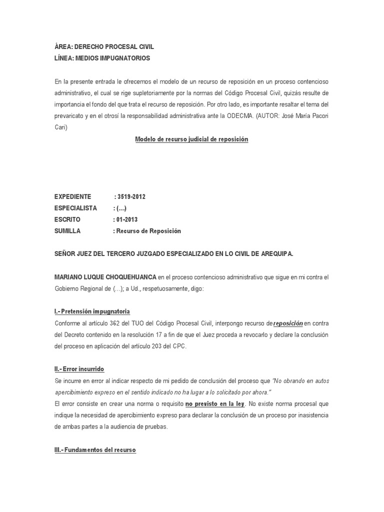 Modelo Reposicion | PDF | Ley procesal | Ley Pública