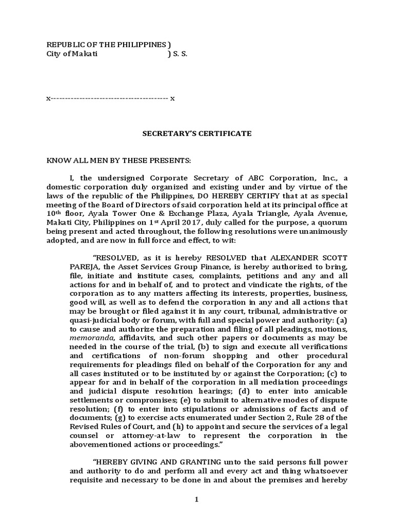 Secretary's Certificate Sample | Download Free PDF | Pleading | Public Law
