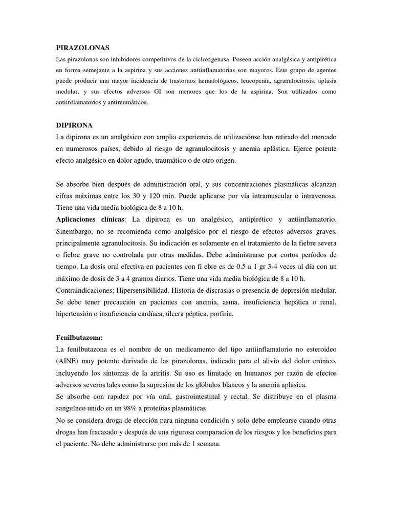 PIRAZOLONAS | PDF | Droga anti-inflamatoria libre de esteroides | Aspirina