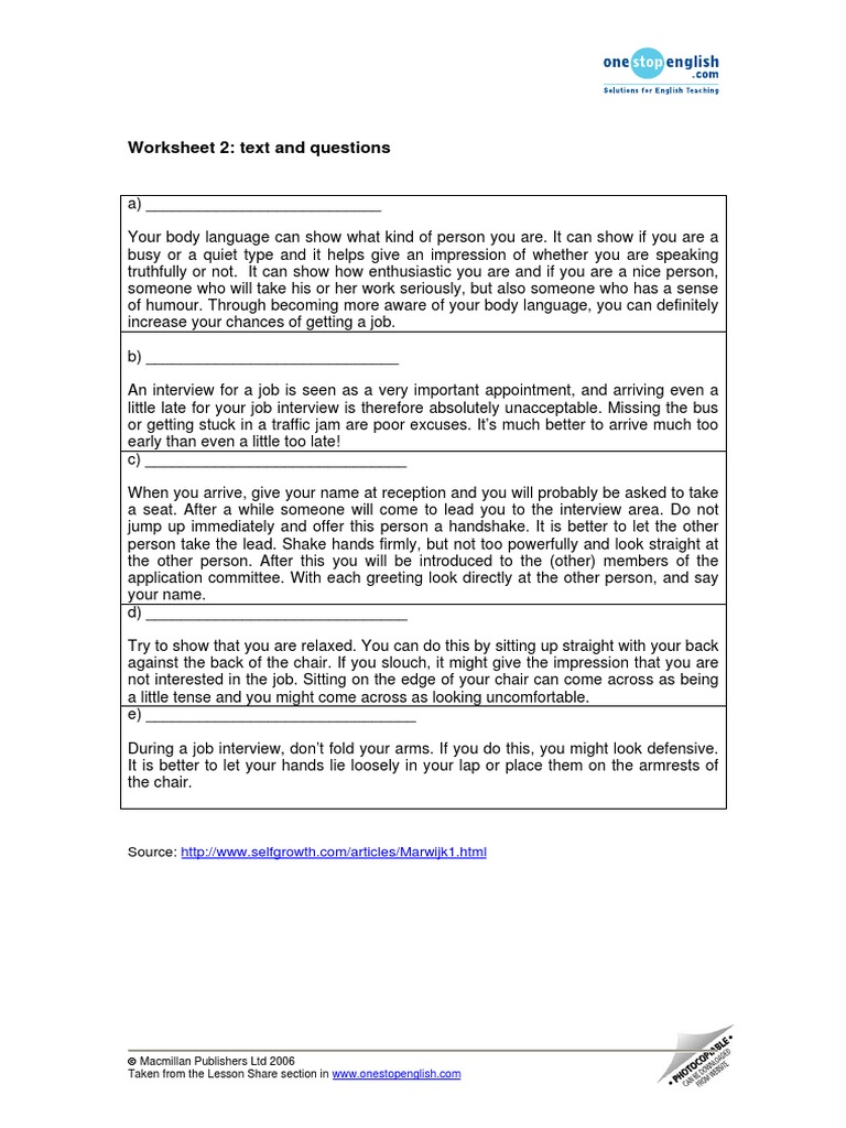 Worksheet 2: Text and Questions: Source | PDF | Body Language