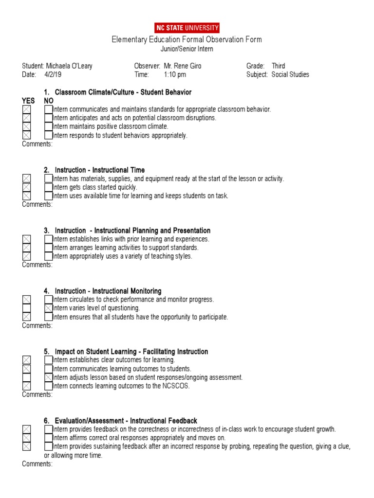 Olearyl Observation Form | PDF | Teachers | Educational Assessment