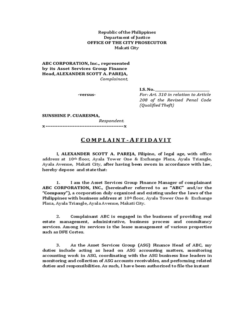 Complaint Affidavit | PDF | Theft | Justice