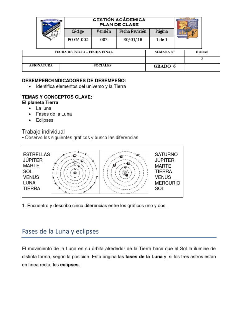 Fases Lunares y Eclipses: Guía 6° Grado | PDF | Eclipse | Luna