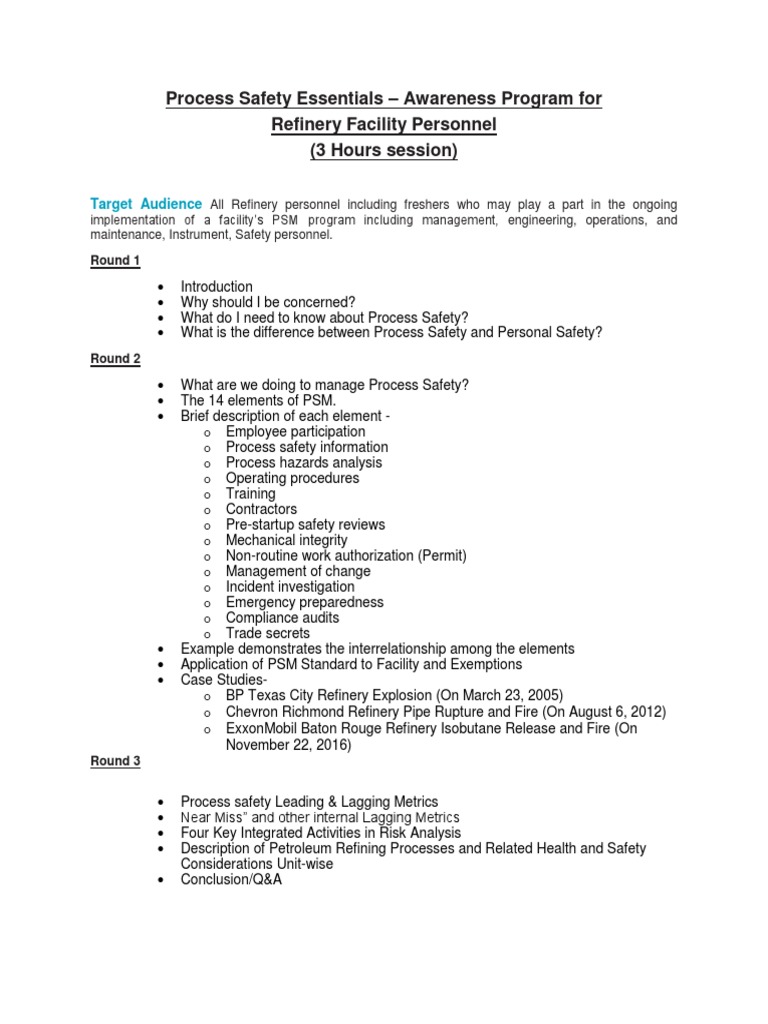 ExxonMobil Process Safety Awareness Program | PDF