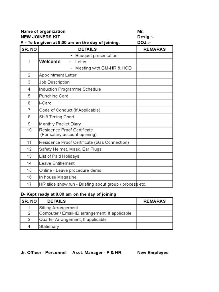 Draft - NEW JOINING KIT - CHECK LIST | PDF
