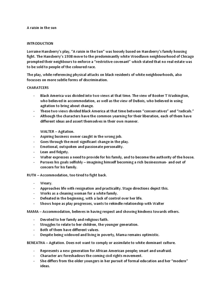 A RAISIN IN THE SUN Notes | PDF