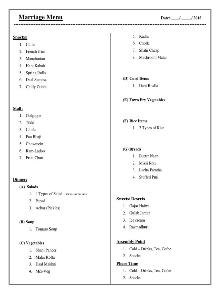Marriage Menu: Snacks | Download Free PDF | Food And Drink Preparation ...